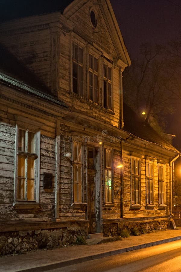 Night View of the Old Wooden Building Stock Image - Image of historical ...