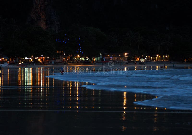 Night View at One Shore of Ocean with Lights Stock Photo - Image of ...