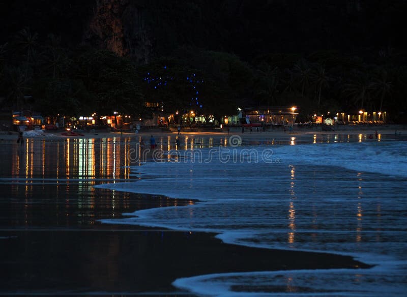 Night View at One Shore of Ocean with Lights Stock Photo - Image of ...