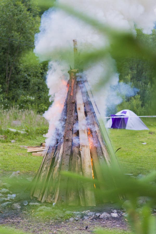 Outside Fire in a Camping Base Stock Image - Image of camping ...
