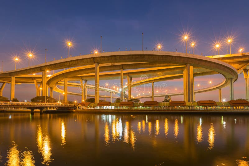 Night View Over Highway Intersection Water Front with Twilight Sky ...