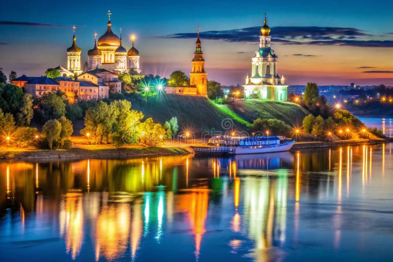 Night View Over Volga River Reflection Stock Illustration ...