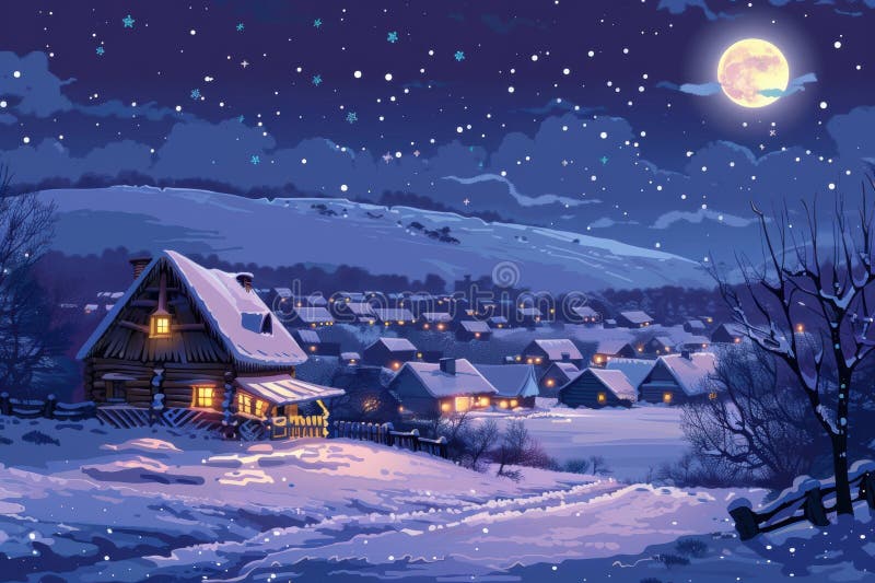Night View of a Peaceful Ukrainian Village Covered in Snow in Winter ...