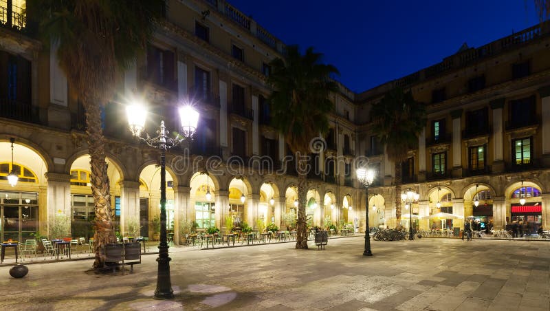 Night View of Placa Reial in Barcelona, Spain Stock Image - Image of ...