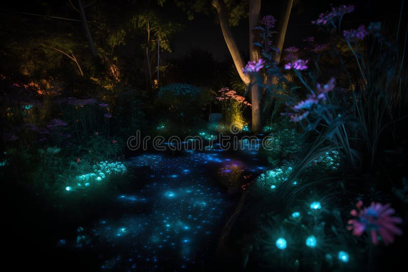 Night View of a Pond with Flowers in the Garden. 3D Rendering Stock ...