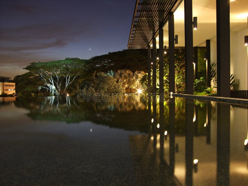 Night View of a Pond by Wooden Structures Stock Image - Image of pond ...