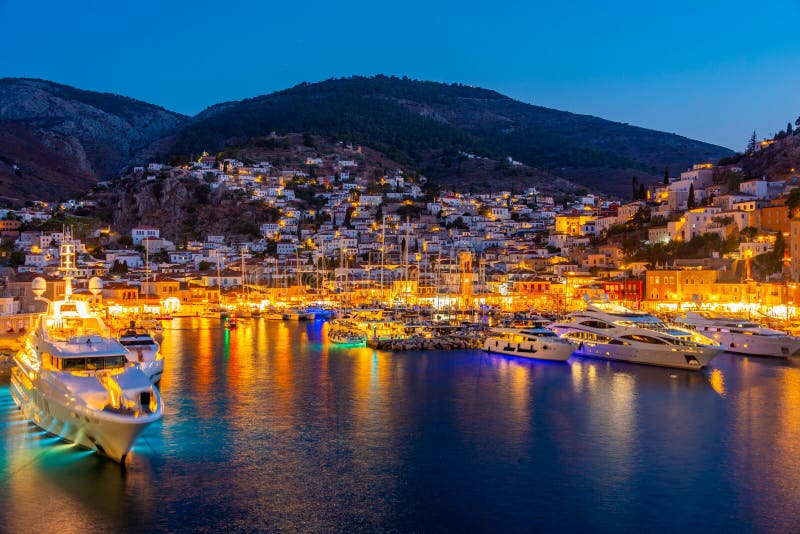 Night View of Port of Hydra in Greece Stock Photo - Image of ydra ...