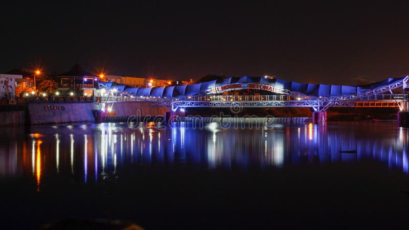 Night View of Reflected Light on a Bridge in Surakarta, Indonesia ...