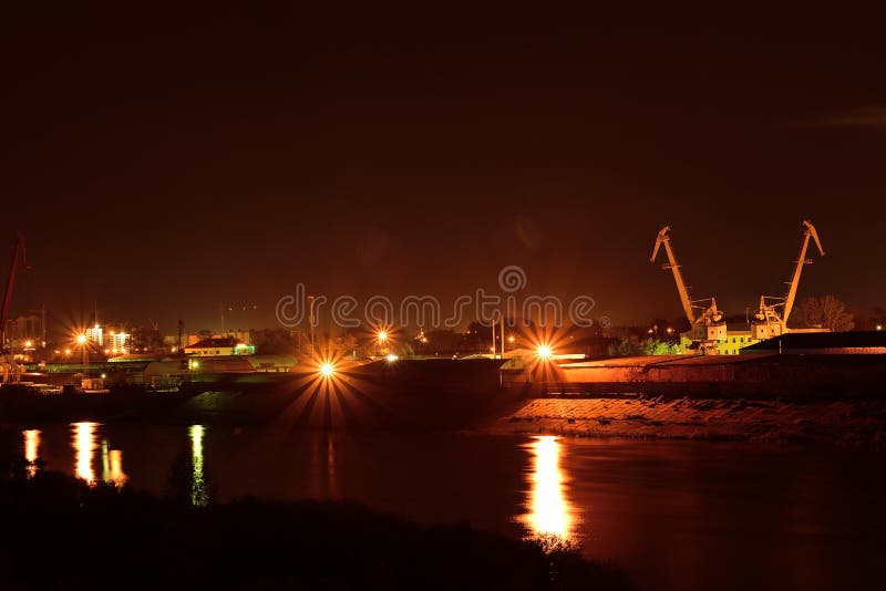 Night View of River Port. Bridge and Buildings Stock Image - Image of ...