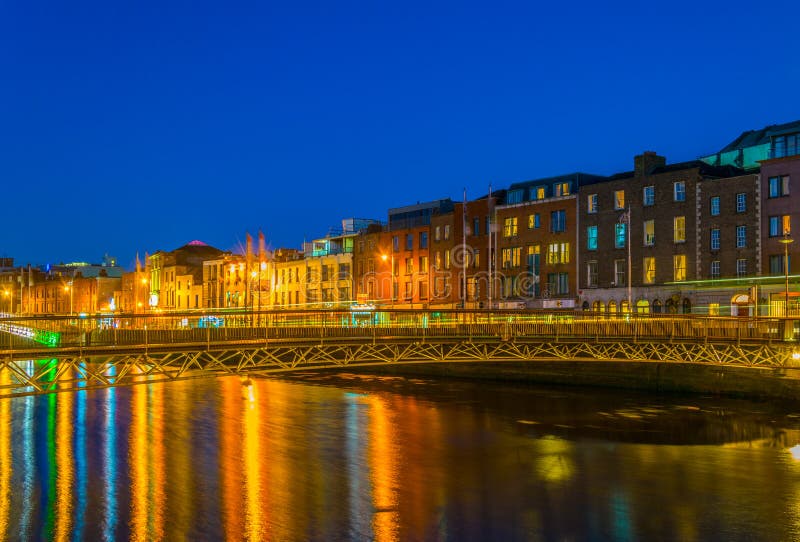 Night View of the Riverside of Liffey in Dublin, Ireland Stock Photo ...
