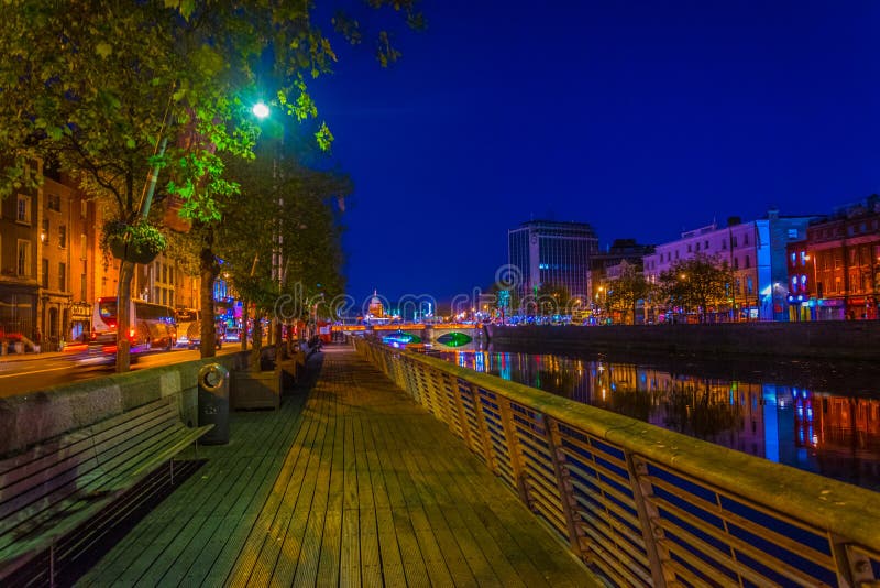 Night View of the Riverside of Liffey in Dublin, Ireland Stock Image ...