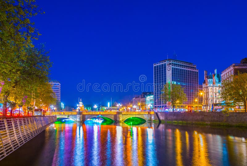 Night View of the Riverside of Liffey in Dublin, Ireland Stock Image ...
