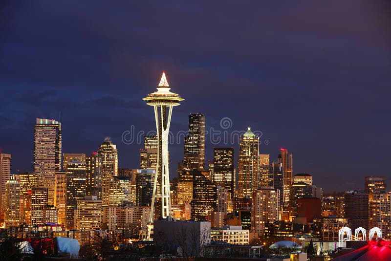 Night View on Seattle Skyline with Space Needle Editorial Image - Image ...
