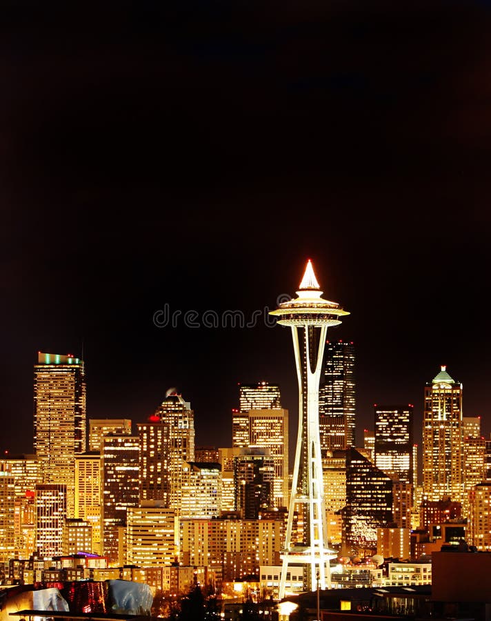 Night View on Seattle Skyline with Space Tower Stock Photo - Image of ...