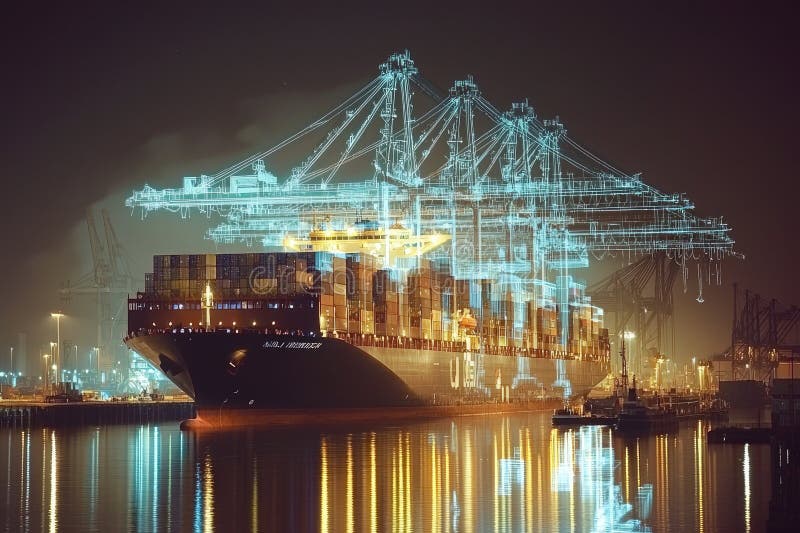 Night View of Shipyard with Container Ship and Cranes Stock Photo ...