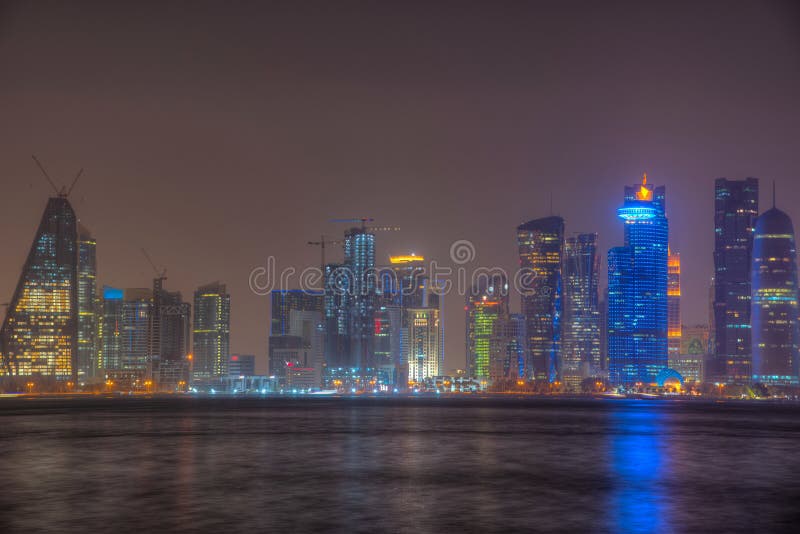 Night View of Skyline of Doha - the Capital of Qatar Stock Photo ...