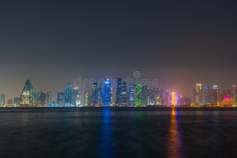Night View of Skyline of Doha - the Capital of Qatar Stock Photo ...