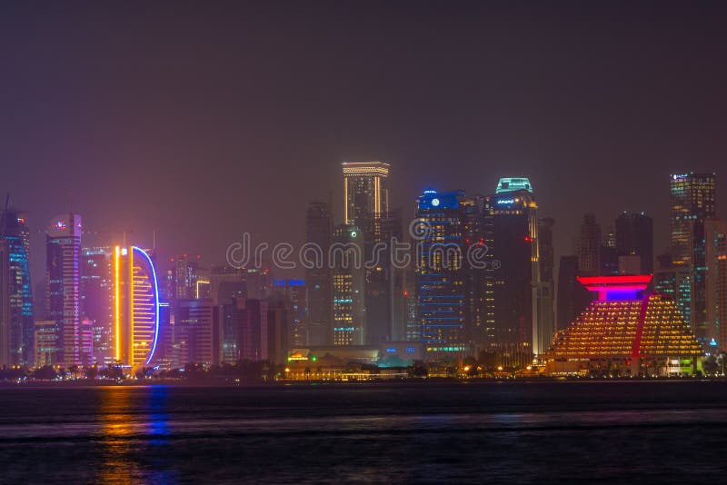 Night View of Skyline of Doha - the Capital of Qatar Stock Image ...