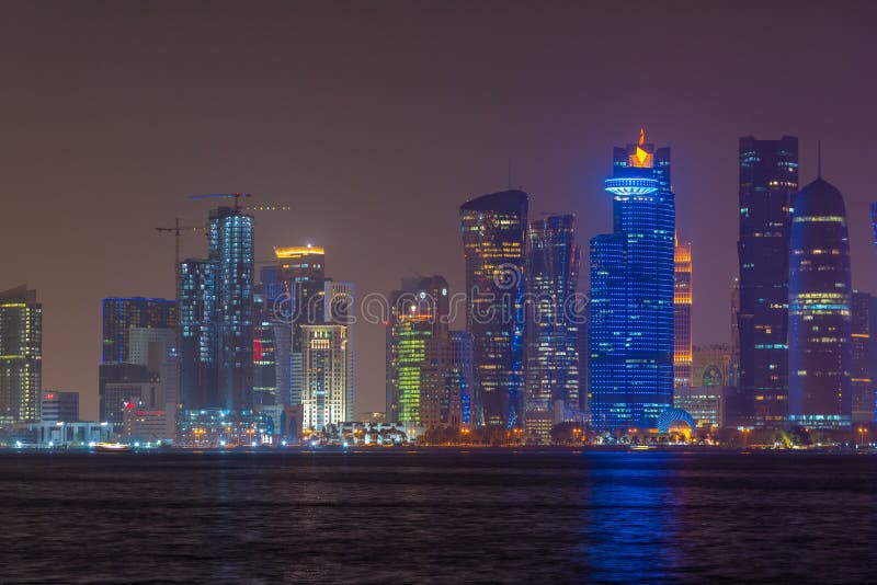 Night View of Skyline of Doha - the Capital of Qatar Stock Photo ...