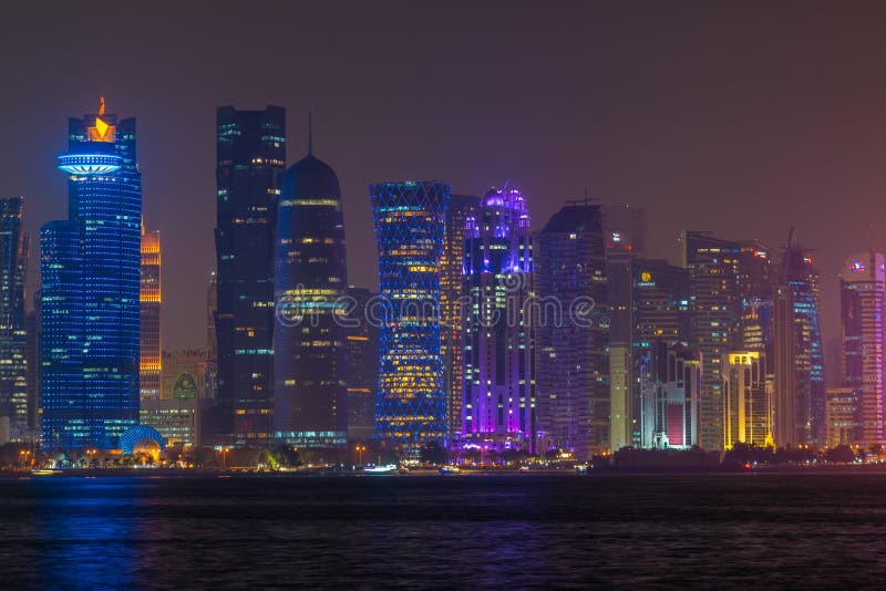 Night View of Skyline of Doha - the Capital of Qatar Stock Photo ...