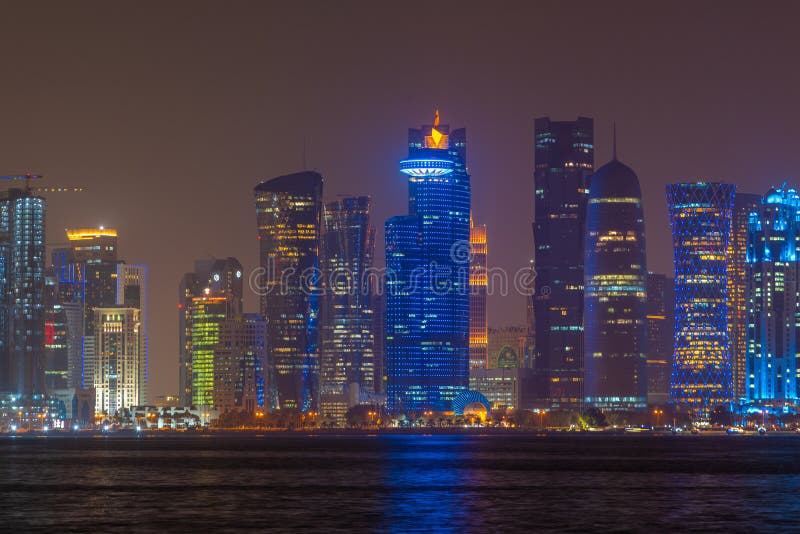 Night View of Skyline of Doha - the Capital of Qatar Stock Photo ...