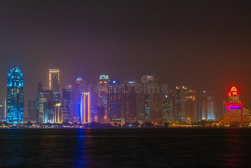 Night View of Skyline of Doha - the Capital of Qatar Stock Image ...