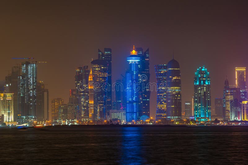 Night View of Skyline of Doha - the Capital of Qatar Stock Image ...