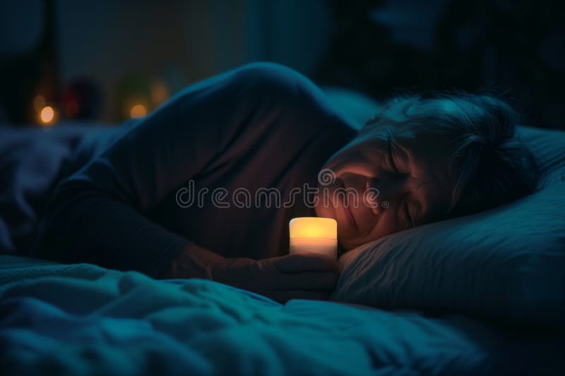 Night View of a Sleeping Resident with a Small Nightlight on Stock ...