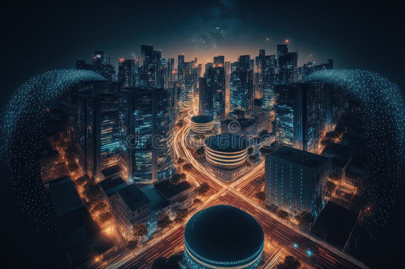 Night View of Smart City Design, Big Data Communication Network ...