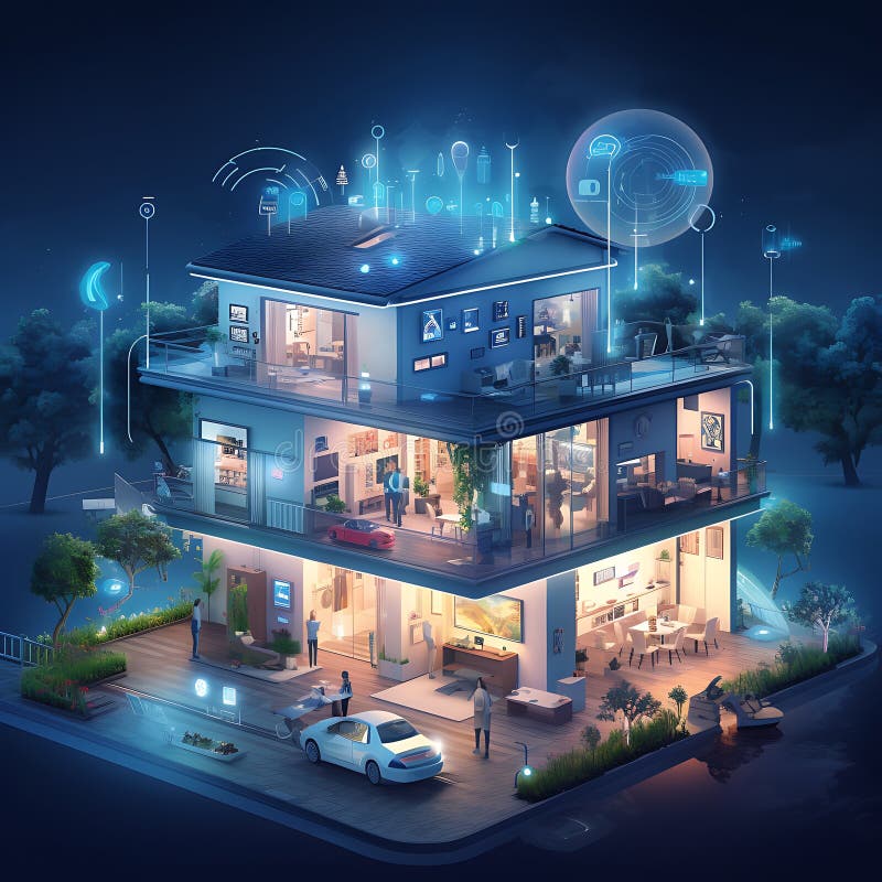 A Night View of a Smart Home Illuminated by Interactive Technology ...