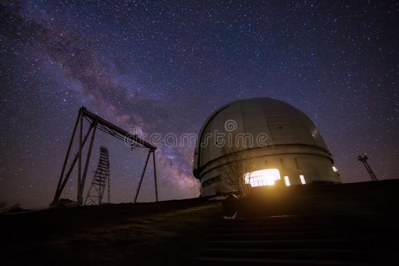 Night View. a Special Astrophysical Observatory and a Crane Against the ...