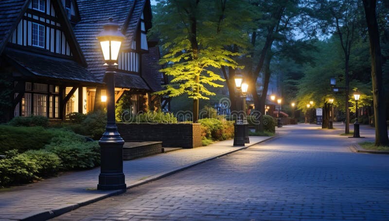 Night View of a Street with Lanterns and Trees in the Park Stock ...
