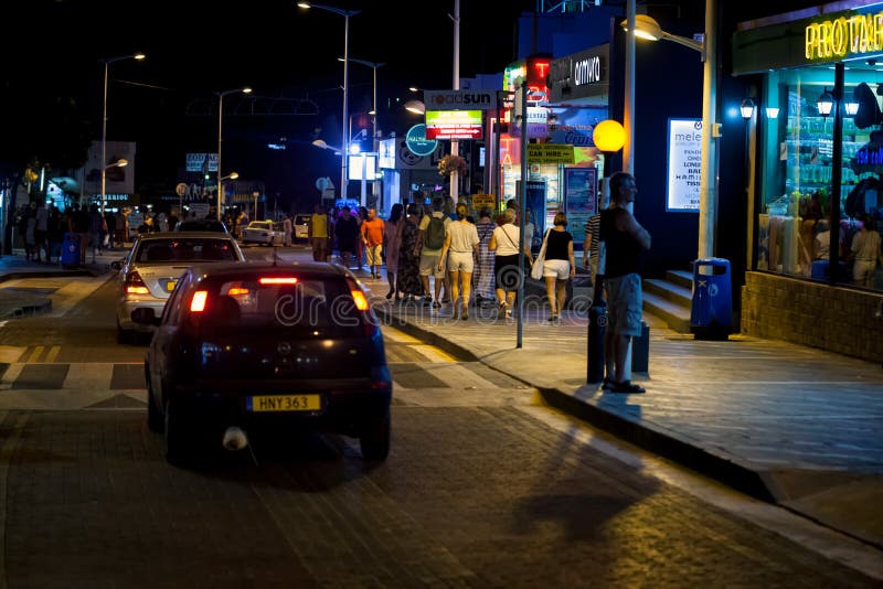 Night View on Street in Protaras, Cyprus Editorial Photography - Image ...