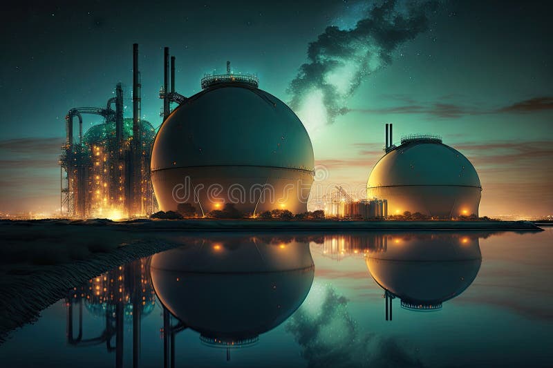 Night View of Tanks at Refinery Complex Against Luminous Sky Stock ...