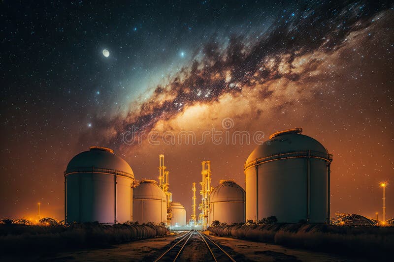 Night View of Tanks at Refinery Complex Against Luminous Sky Stock ...