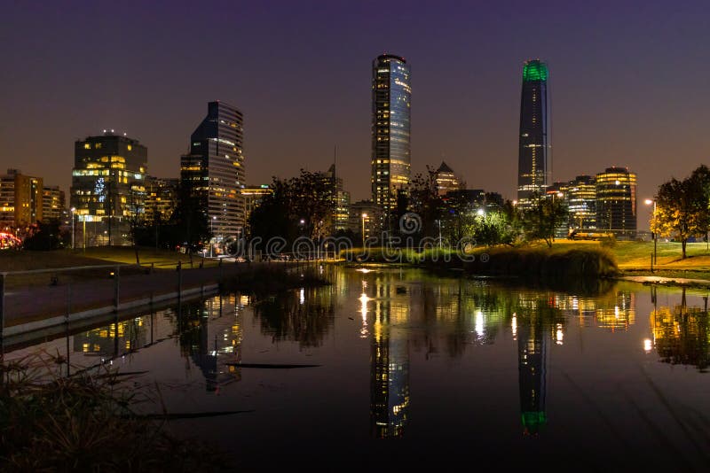 Night View To Skyscrapers of Santiago De Chile Reflected in the Water ...