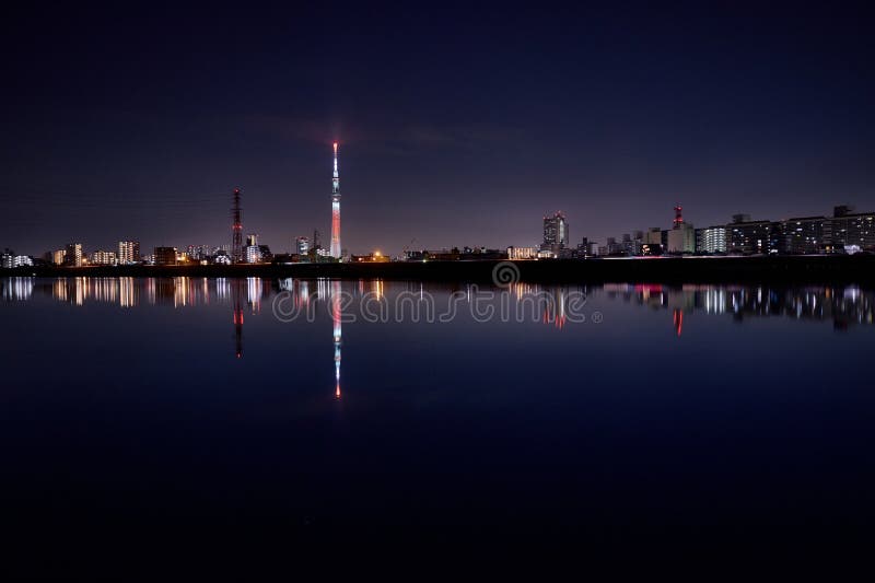 Night View of Tokyo Skytree with Reflection in Water Editorial Stock ...