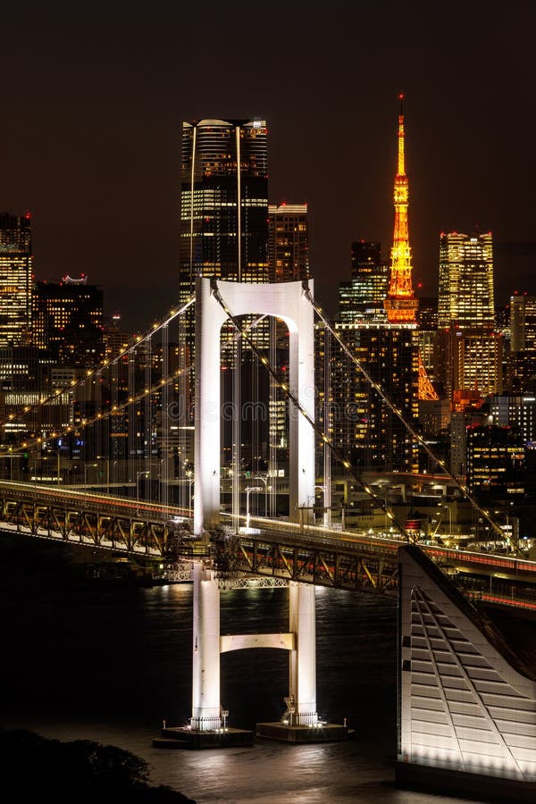 A Night View of Tokyos Rainbow Bridge and Tokyo Tower Editorial Photo ...