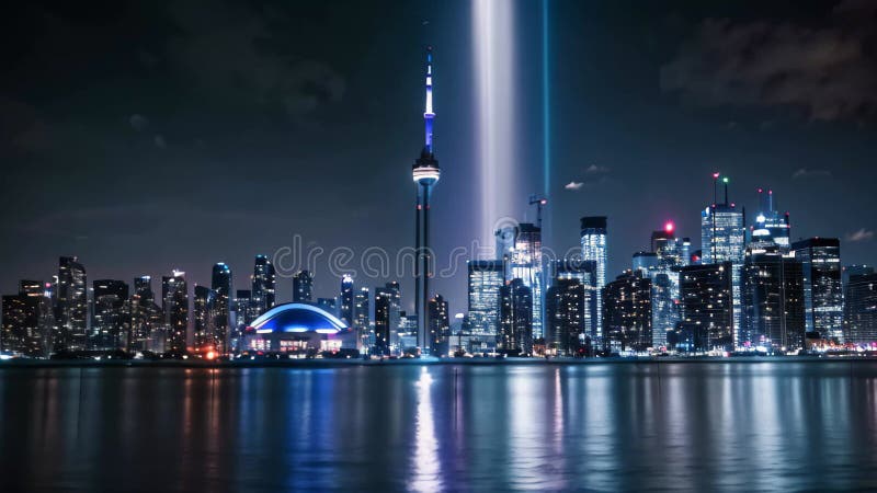 A Night View of the Toronto Skyline with a Bright Beacon of Light ...
