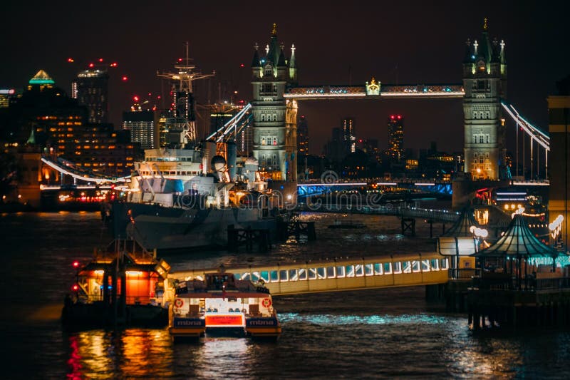 Night View of Tower Bridge and Ships in London Editorial Image - Image ...