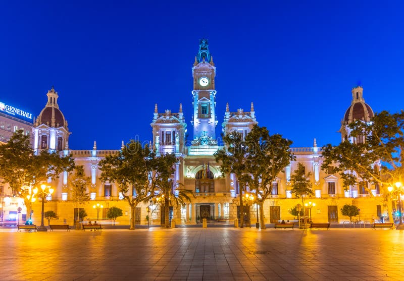 Town Hall Behind a Fountain in Spanish Town Valencia Stock Photo ...