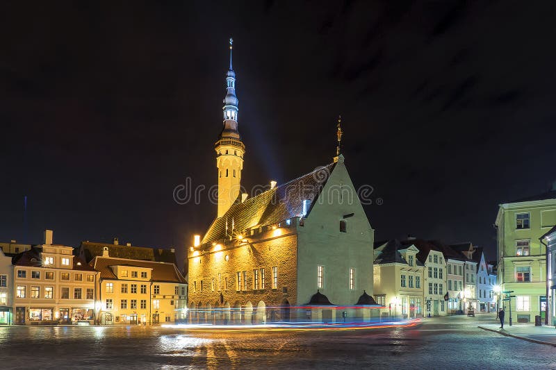 Night View of Town Hall Square in Tallinn, Estonia Stock Photo - Image ...