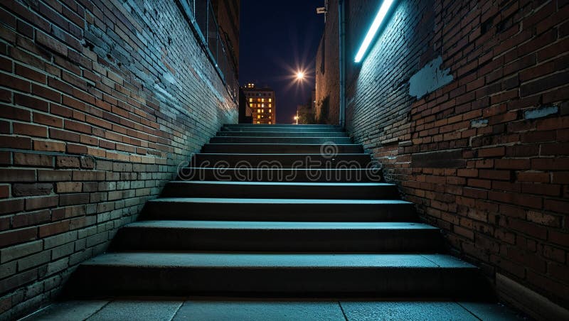 Night View of Urban Steps Lit by Fluorescent Lights and Shadows Along ...