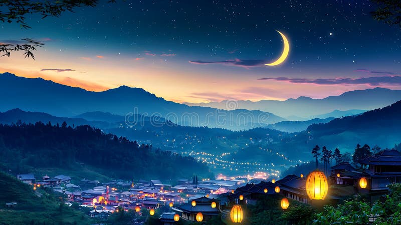 Night View of Village in Mountains with Crescent Moon and Lanterns ...