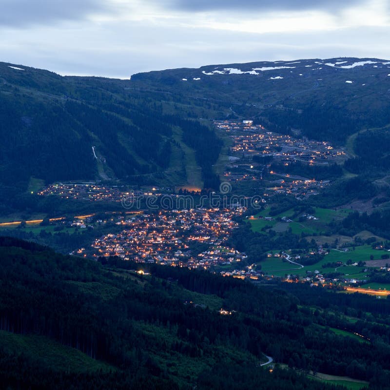 Night View on the Voss Valley with Ski Resorts in Norway Stock Image ...