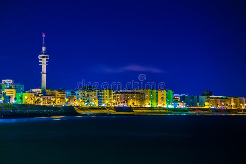 Night View of Waterfront of Cadiz City in Spain with Distinctive Tv ...