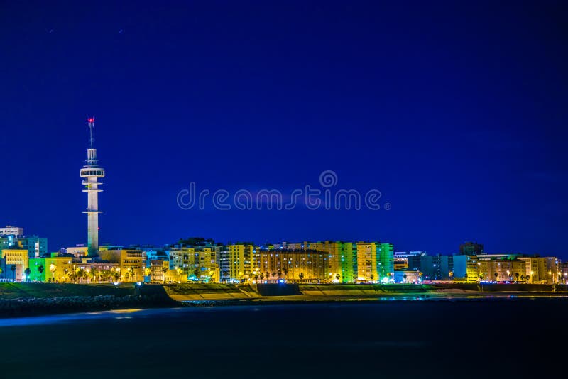 Night View of Waterfront of Cadiz City in Spain with Distinctive Tv ...