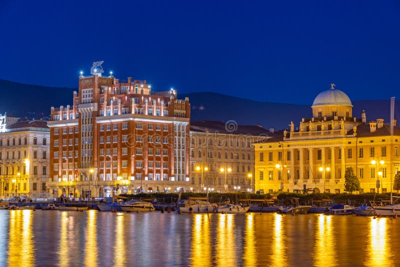 Night View of Waterfront of Italian City Trieste Stock Photo - Image of ...