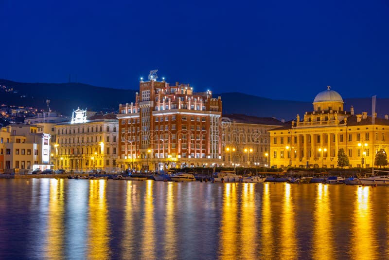 Night View of Waterfront of Italian City Trieste Stock Image - Image of ...