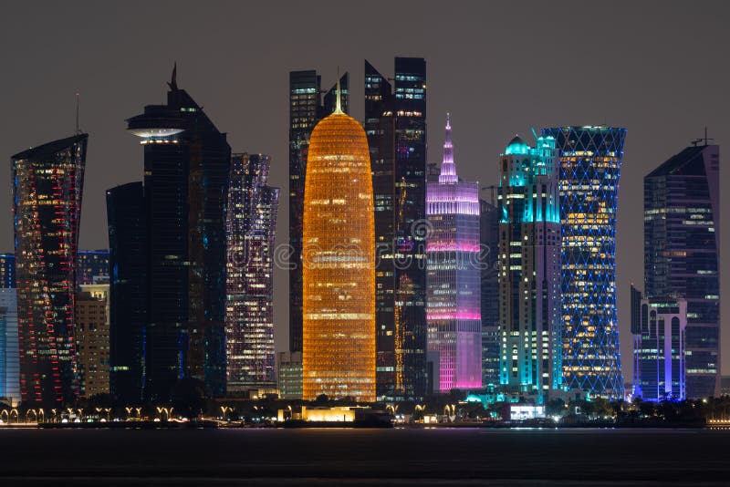 Night View of West Bay Doha, Qatar. Editorial Photography - Image of ...